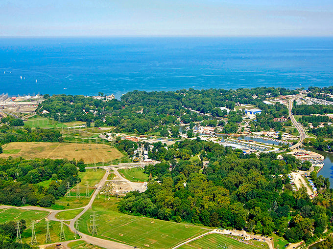 An aerial view of Eastlake reveals the perfect blend of nature and neighborhoods, where Lake Erie living comes without coastal price tags.