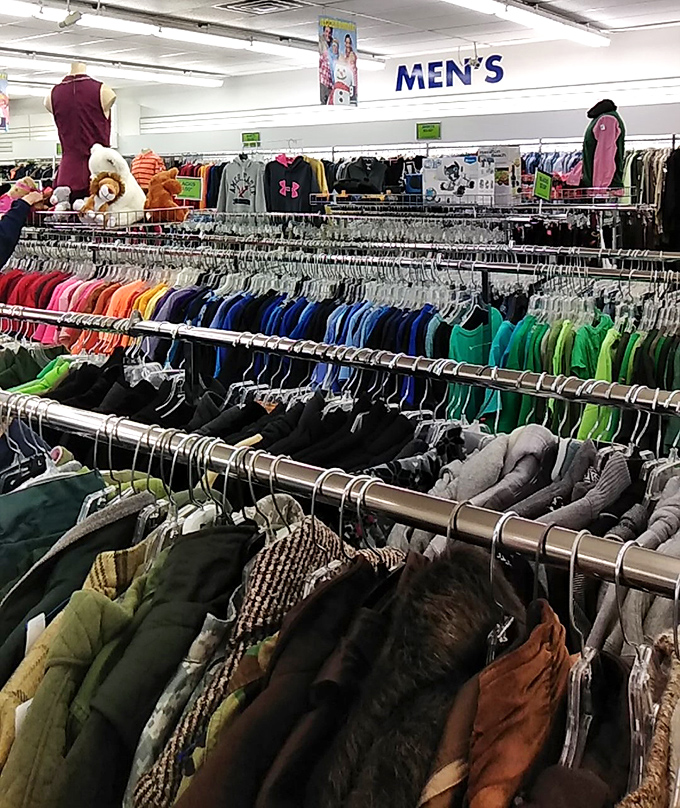 The men's section at Goodwill is a rainbow of possibilities. That perfect jacket is hiding somewhere in this color spectrum.