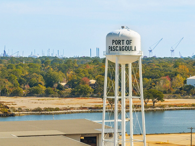 The iconic Port of Pascagoula water tower stands tall above this affordable Gulf Coast gem where Social Security checks actually cover monthly expenses.
