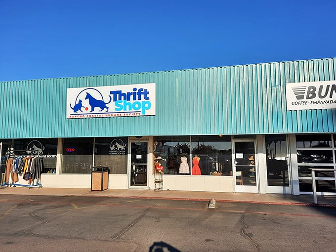 Thrift Stop's blue exterior hints at its coastal location and cool finds. Where beach town castoffs become someone else's treasure!