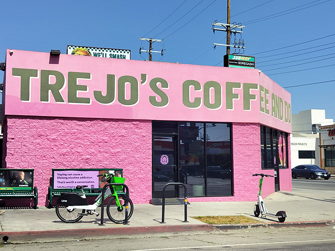 The vibrant pink façade of Trejo's is as attention-grabbing as the creative donuts served inside.