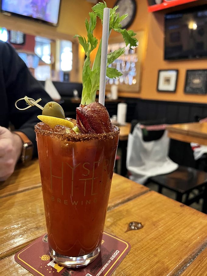 A Bloody Mary that doubles as brunch. That meat garnish isn't just for show—it's a preview of the smoky delights to come.