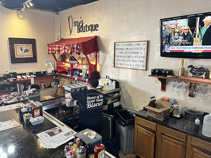 Where the magic happens. That "Home of the Sweet Potato Biscuits" shirt isn't just uniform—it's a wearable promise of deliciousness.