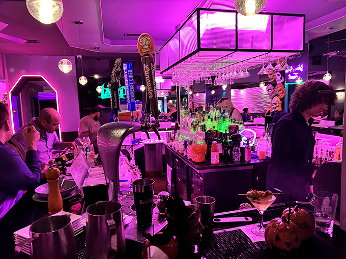 The bar area feels like the coolest club in town, if that club were run by plant-based food enthusiasts with excellent taste in lighting.