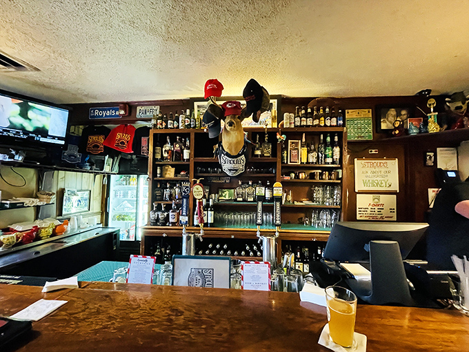 A bar that knows its clientele—no fancy mixologists, just honest pours and local sports on the TV.