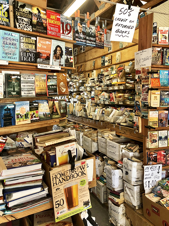 A bibliophile's dream or nightmare—books stacked with organized chaos that suggests the owner has a system only they understand. That 50% credit sign is literary recycling at its finest.