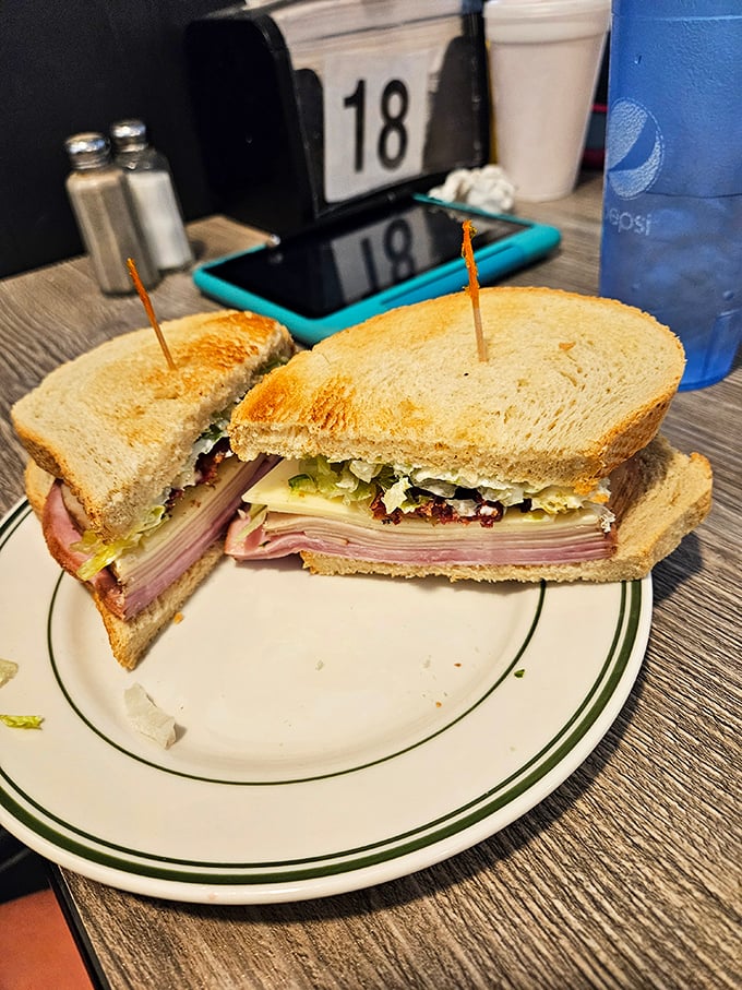 This club sandwich stands tall and proud, layers of meat and veggies held together by toothpicks and ambition.