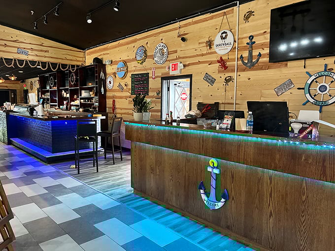 The nautical-themed counter area makes you feel like you've stepped onto a ship—one that happens to serve excellent seafood.