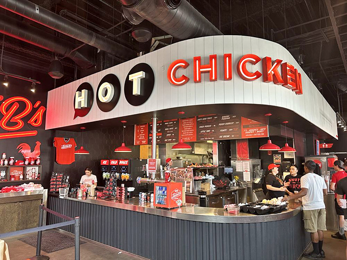 Command central for Nashville's hot chicken operation. The curved counter efficiently dispatches packages of pain and pleasure to eager diners.