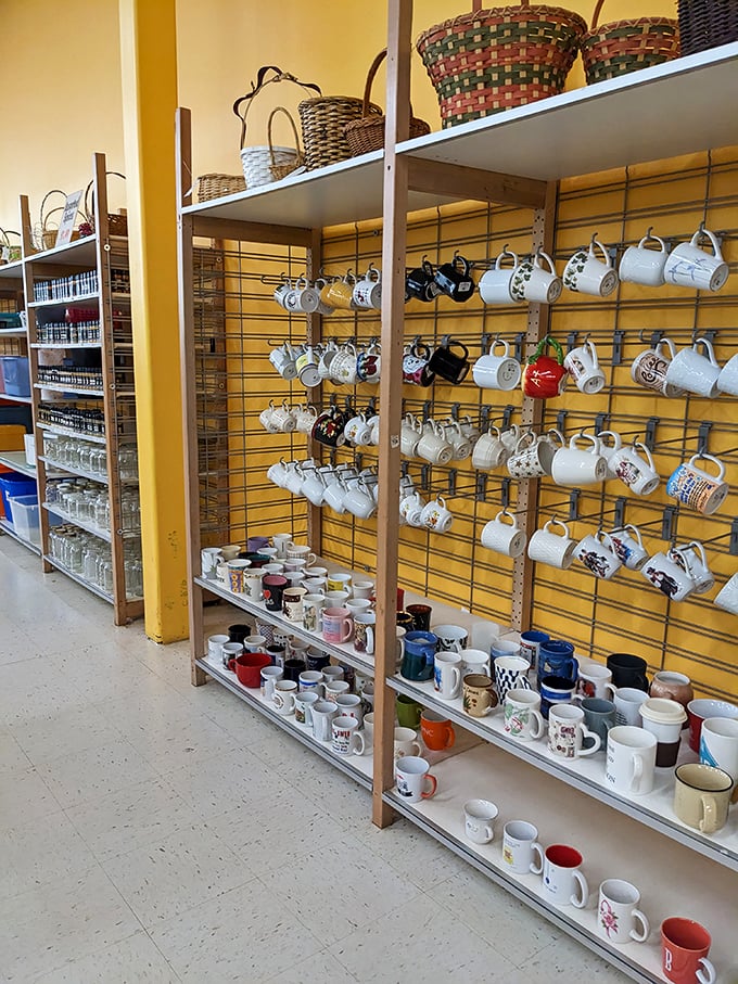 The mug collection rivals most coffee shops, each one representing someone's morning ritual or souvenir from trips past. Choose your personality in ceramic form!