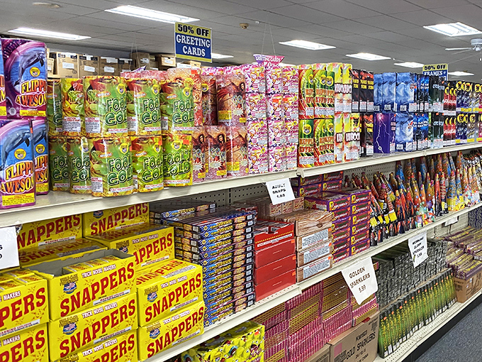 The fireworks section announces itself with patriotic flair. Summer celebrations and backyard displays await the budget-conscious reveler.