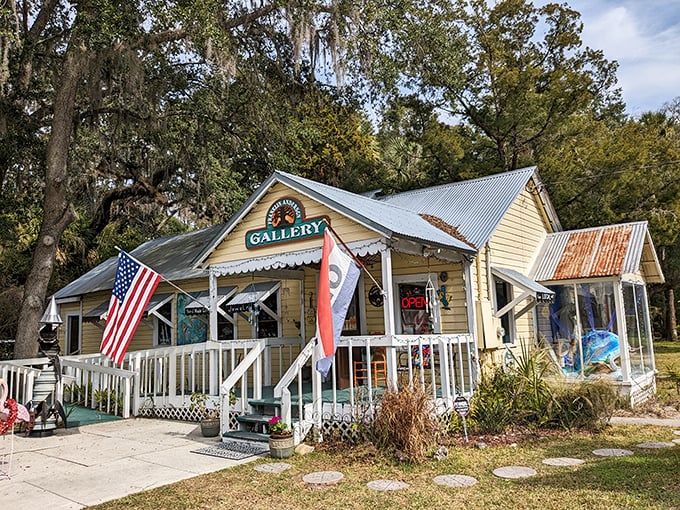 This quaint gallery flies both Old Glory and artistic spirit with equal pride – small-town America at its creative best.