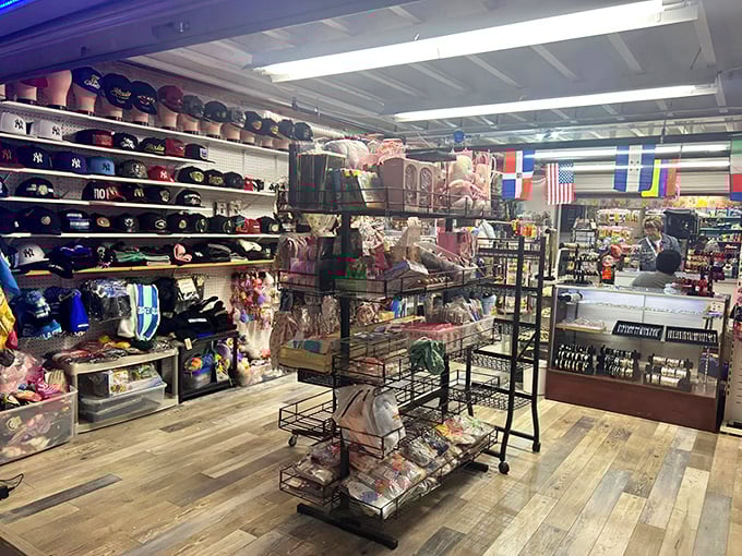 Baseball cap heaven meets international pride—where America's pastime shares shelf space with flags from around the world.