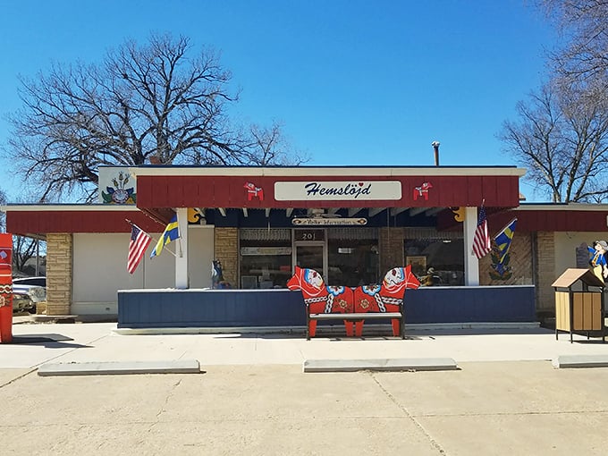 Hemslöjd celebrates Swedish craftsmanship with iconic dala horses that have become Lindsborg's unofficial mascots. Resistance to their charm is futile.