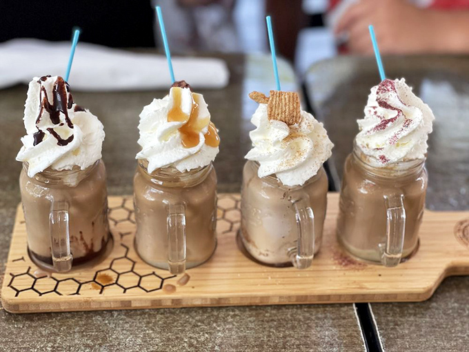 A flight of flavored lattes is the adult equivalent of an ice cream sampler – pure, whipped-cream-topped joy in miniature mason jars.