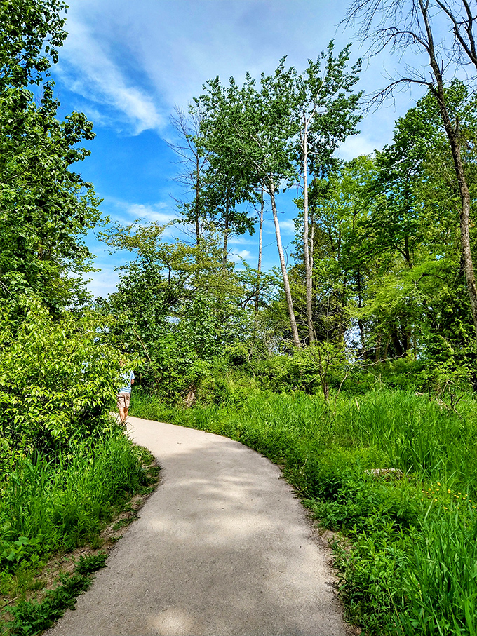 The paved trail curves through spring greenery like nature's welcome mat. An invitation to wander that's impossible to decline.