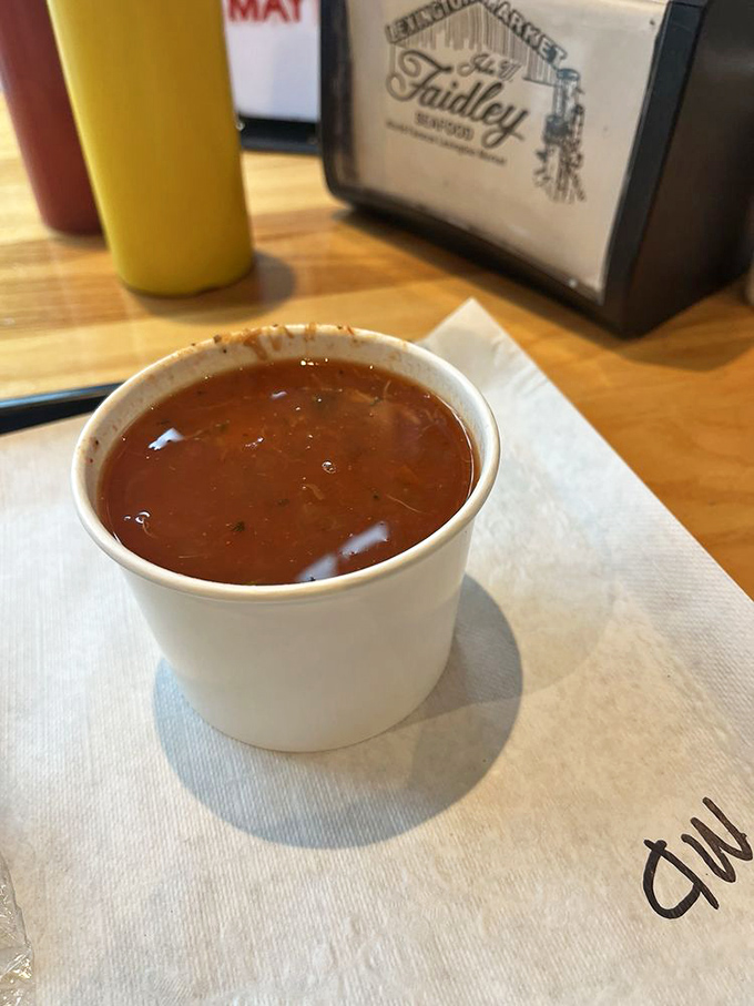Maryland crab soup – a spicy, tomato-based bowl of regional pride that warms you from the inside out. Liquid Baltimore in the best possible way.