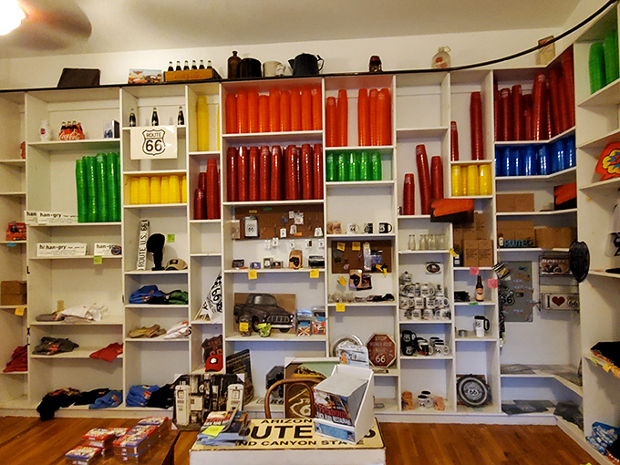 Not just a gift shop—it's a color-coded museum where Route 66 nostalgia is organized with the precision of a rainbow conspiracy theorist.