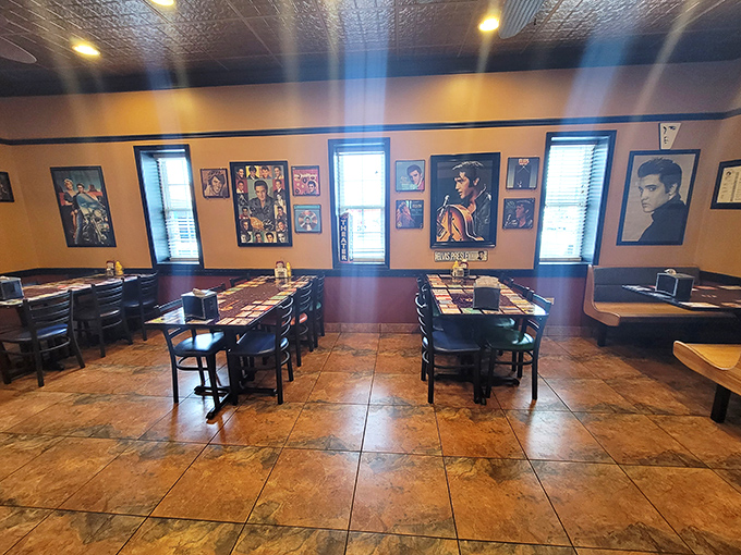Elvis would approve of this dining room – a shrine to simpler times when music was on vinyl and phones stayed on walls.