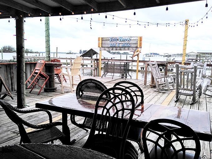 Rain or shine, this weathered deck overlooking the water is where memories are made, one seafood platter at a time.