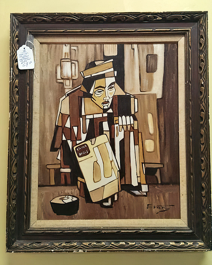 Cubist contemplation at consignment prices. This painting doesn't just hang on a wall—it transforms it into a conversation.