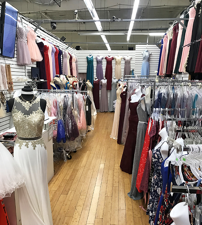 Quinceañera and prom dreams line the walls, each dress promising a Cinderella moment without the midnight deadline.