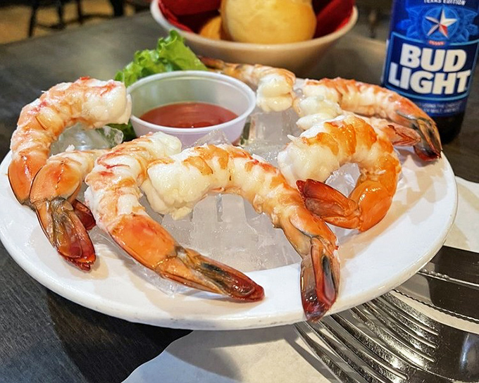 Jumbo shrimp cocktail—ocean treasures served on ice with cocktail sauce that bites back just enough to wake up your taste buds.