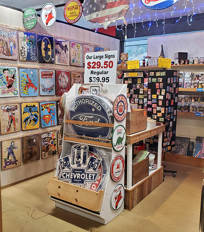 Pop culture immortalized in metal – from superheroes to classic cars, these signs tell America's story through its obsessions and advertisements.