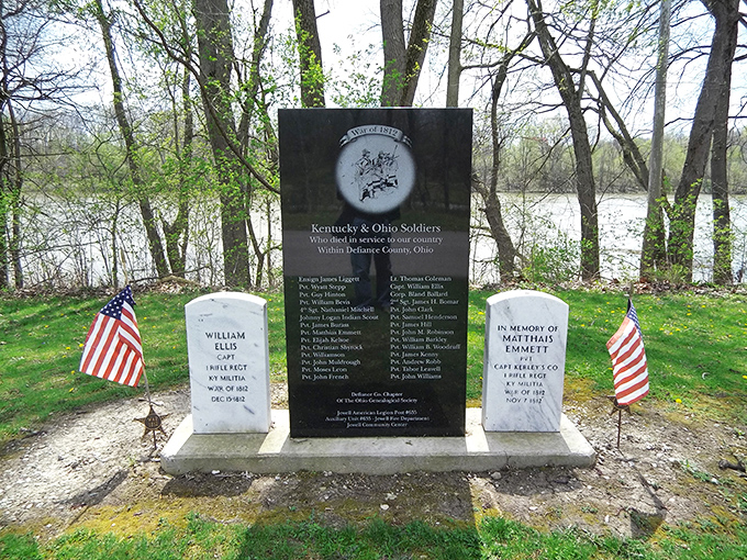 Silent sentinels of sacrifice. These memorial stones honor Kentucky and Ohio soldiers, standing watch over the peaceful waters they once defended.
