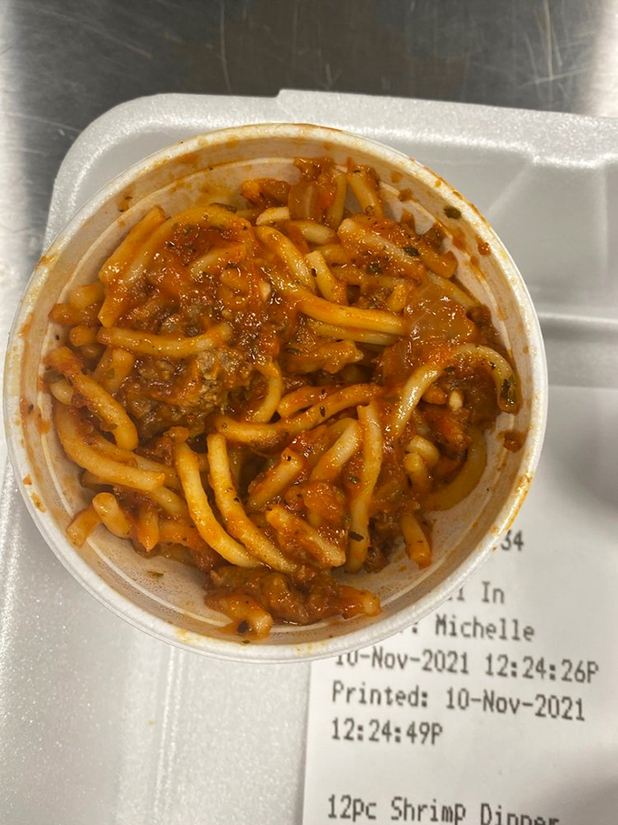 Spaghetti with meat sauce that doesn't try to be Italian—it's doing its own delicious thing, thank you very much.