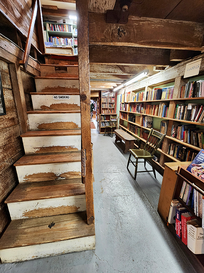 These worn wooden stairs have carried the footsteps of thousands of book hunters, each step creaking with anticipation of discoveries above.
