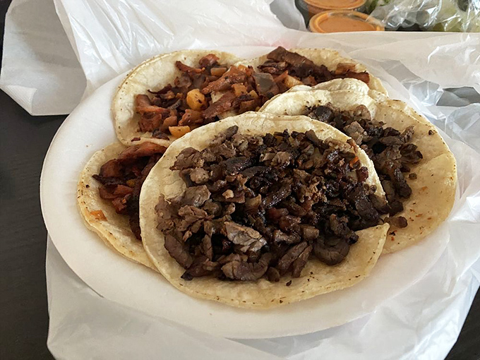 Street tacos done right—simple, unadorned, and packed with flavor. No lettuce mountain or cheese avalanche to hide behind here.