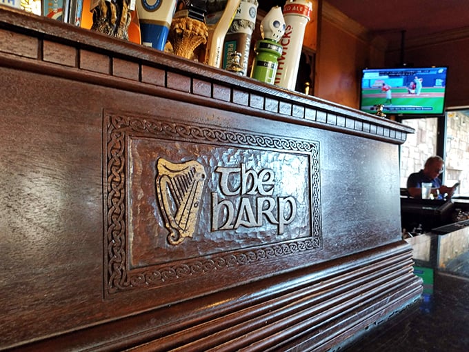 The carved wooden bar sign announces you've arrived somewhere authentic—where the harp isn't just decoration but a symbol of hospitality.
