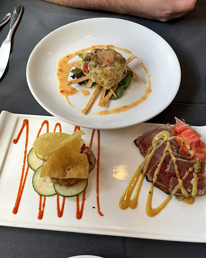 A trio of appetizers that proves sometimes the opening act can steal the show—especially when seared tuna and crab cakes are involved.