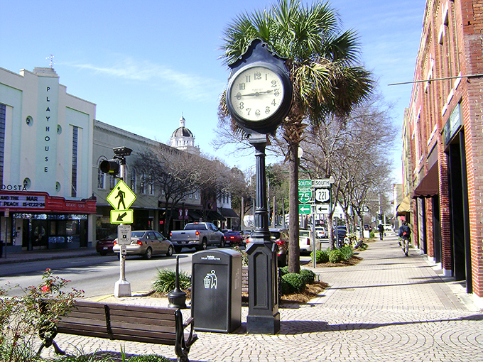 The downtown clock reminds visitors they're on Southern time now. Life slows down in Valdosta, but your retirement dollars stretch further.