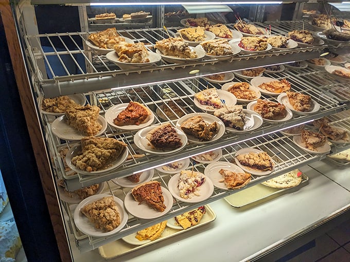 The pie case—where dreams are displayed on shelves and willpower goes to die a delicious, flaky death.
