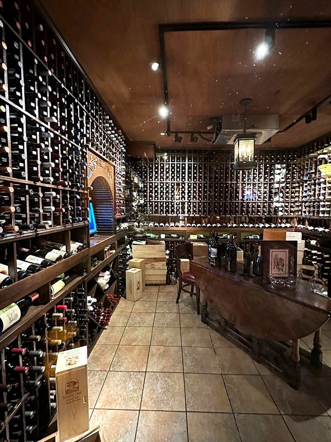 The wine cellar doesn't just store bottles—it houses liquid time capsules waiting to be paired with the perfect slice of prime rib.