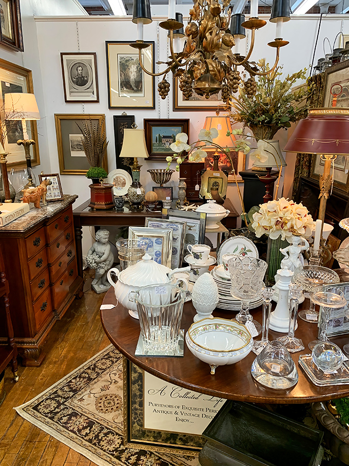 An elegant tablescape frozen in time—where every teacup looks like it's waiting for the Dowager Countess to drop by for gossip.