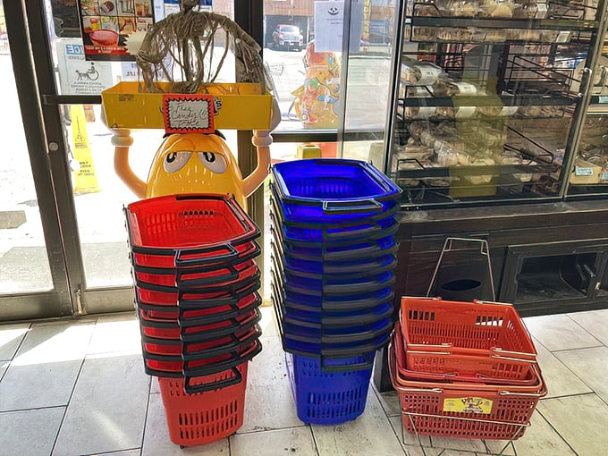 Shopping baskets await your candy-hunting expedition—the red ones clearly hold more treats than the blue ones. It's science.