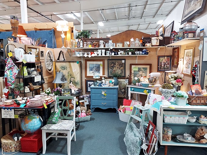 This carefully curated booth transforms ordinary furniture into storytelling pieces, where painted dressers become the main characters. 