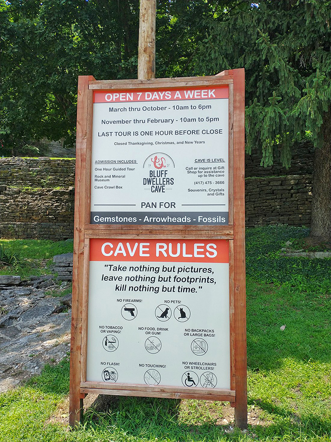 The cave rules sign gently reminds us: "Take nothing but pictures, leave nothing but footprints, kill nothing but time." Wisdom for all adventures.