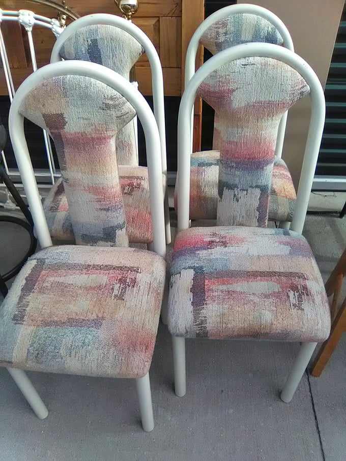 These pastel-splashed chairs scream "1980s ice cream parlor"—just waiting for their second act in someone's retro-chic dining room.