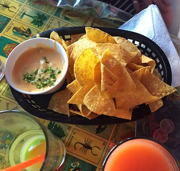 Chips and queso: the foundation of any proper Mexican feast. That creamy dip is practically begging for a skinny-dipping session.