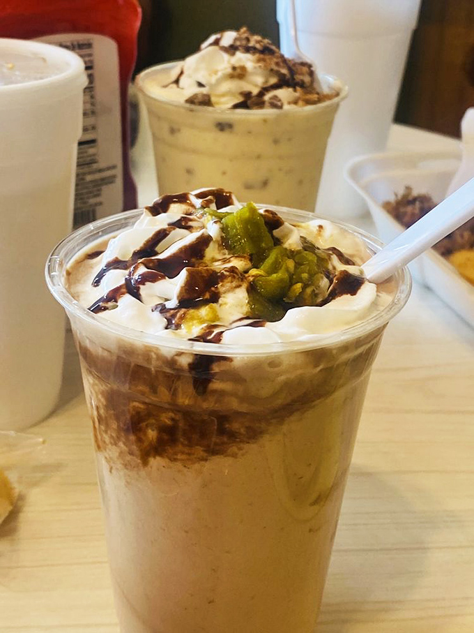 Not sure if this is a milkshake or modern art, but the green chile topping tells you you're definitely in New Mexico. Sweet meets heat in glorious harmony.