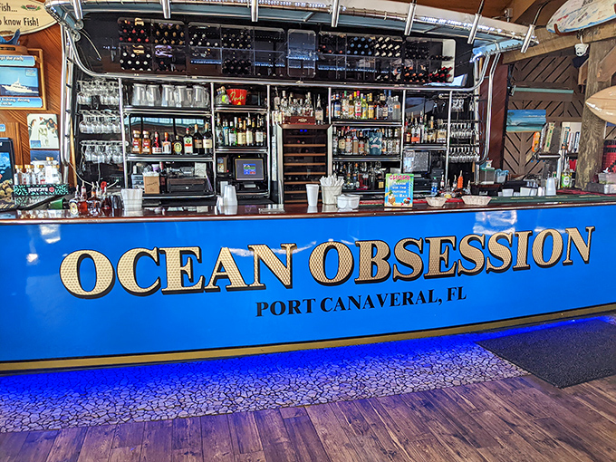 "Ocean Obsession" isn't just a bar name—it's a diagnosis for anyone who's tasted their seafood. The impressive bottle collection suggests they've found many cures.