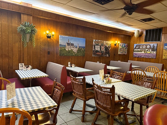 Booths and tables await hungry patrons in a dining room where German heritage meets Hoosier hospitality.