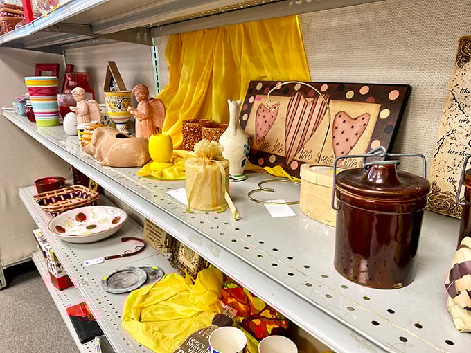 Home décor that spans from "grandma chic" to "modern farmhouse"—ceramic figurines sharing shelf space with minimalist vases in perfect retail harmony.
