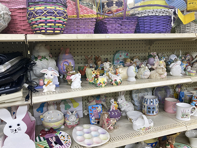 The Easter décor graveyard in July – where seasonal bunnies patiently hibernate until someone gives them a new spring celebration to attend.