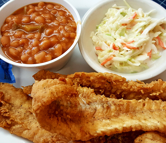 The triumvirate of Midwest comfort—golden-battered fish, creamy coleslaw, and baked beans conspiring to create the perfect lunch symphony.
