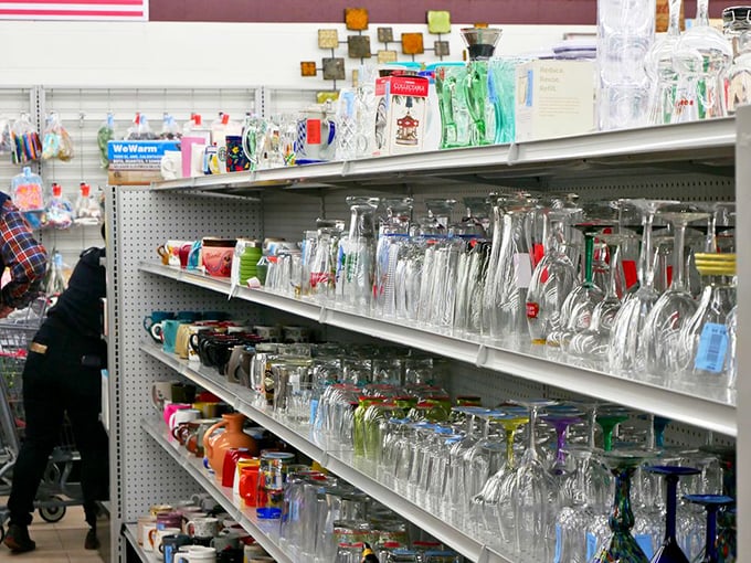 Glassware galore! From everyday tumblers to fancy decanters that whisper tales of dinner parties from decades past.